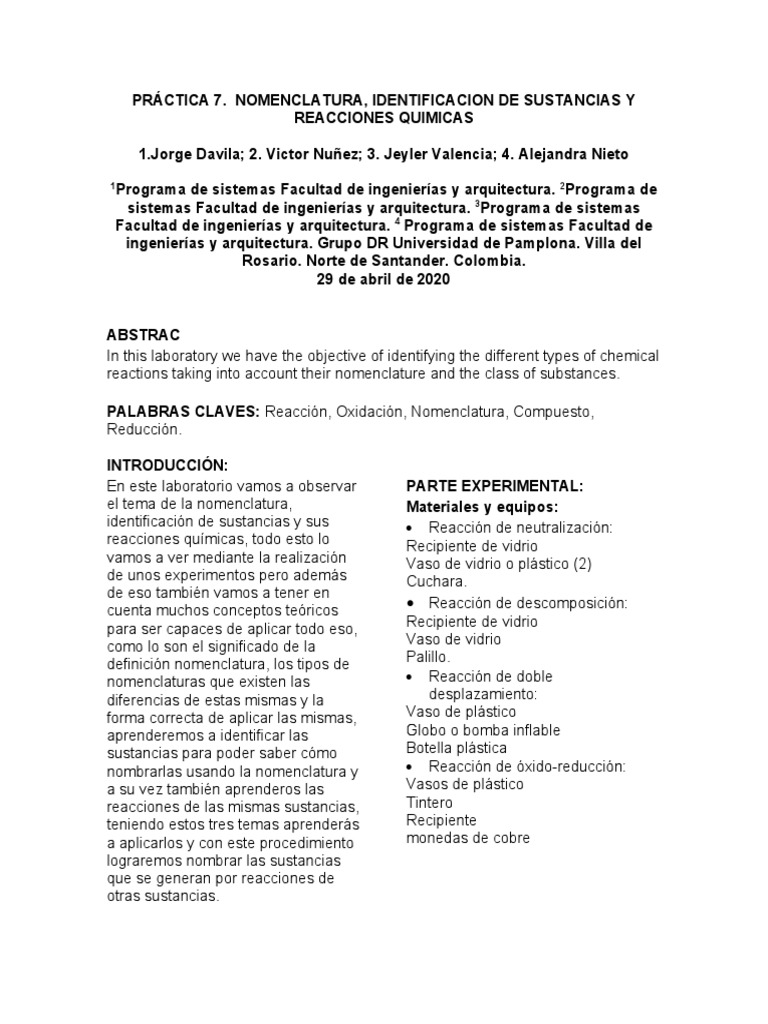 Nomenclatura, Identificacion de Sustancias y Reacciones Quimicas | PDF | Redox | Química