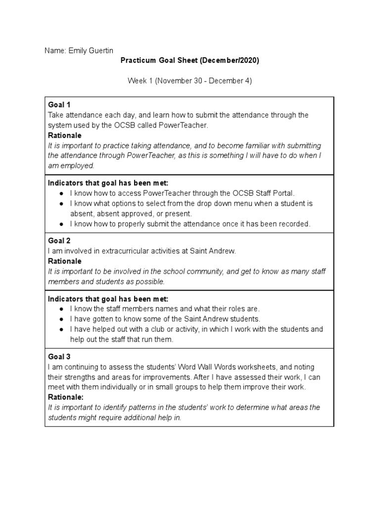Smart Goals For Practicum | PDF