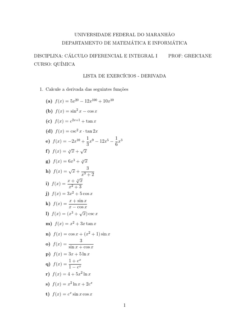 Lista de exercícios sobre derivadas de funções com aplicações ...