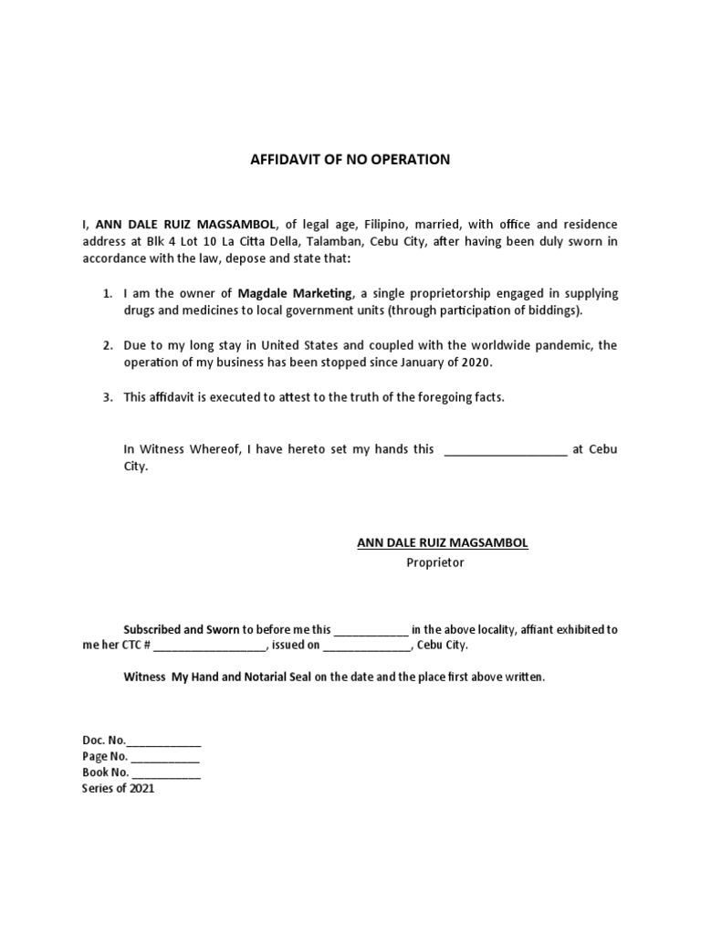 AFFIDAVIT OF NO OPERATION Magdale Marketing | PDF