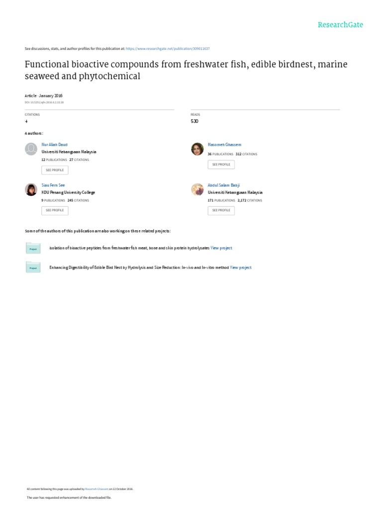 Functional Bioactive Compounds From Freshwater Fish, Edible Birdnest ...