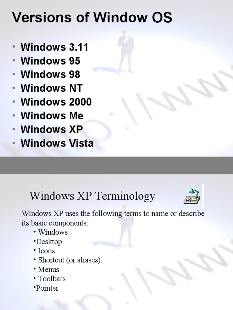Versions of Window OS: Windows 3.11 Windows 95 Windows 98 Windows NT Windows 2000 Windows Me ...
