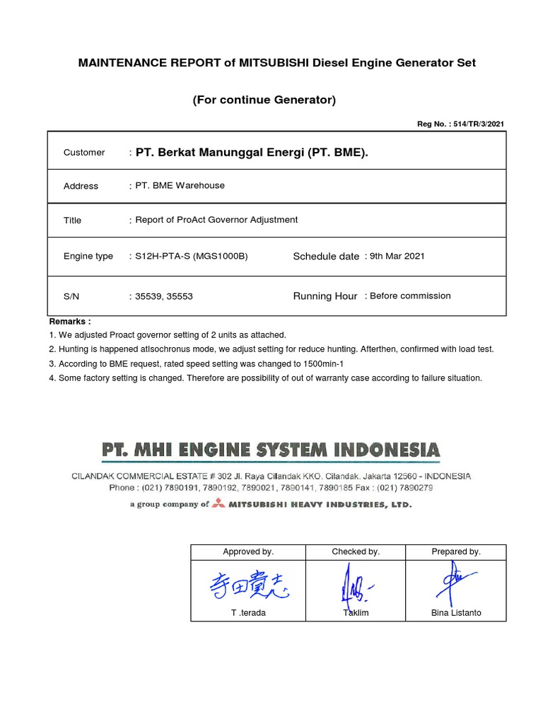 Mitsubishi Diesel Generator Maintenance Report | PDF | Manufactured Goods