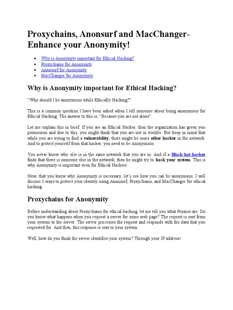 Proxychains, Anonsurf and Macchanger-Enhance Your Anonymity! | PDF | Proxy Server | Security Hacker