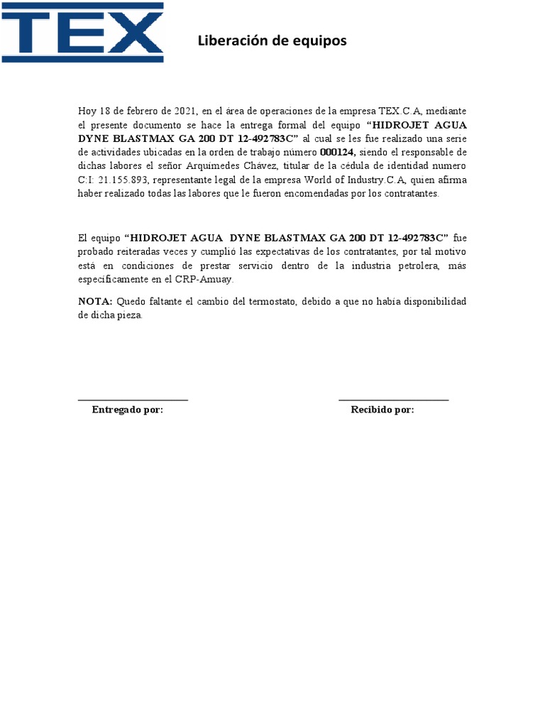 Liberacion de Equipos | PDF