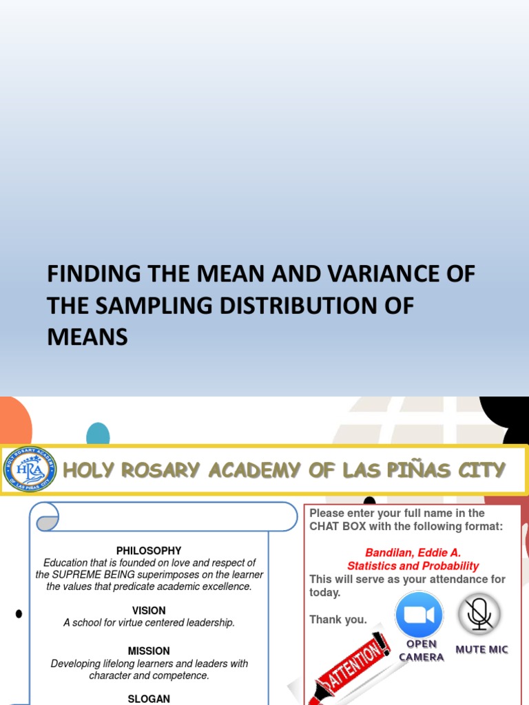 Finding The Mean And Variance Of The Sampling Distribution Of Means