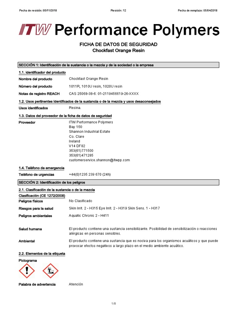 Ficha Seguridad Chockfast Resin | PDF | Toxicidad | Guante