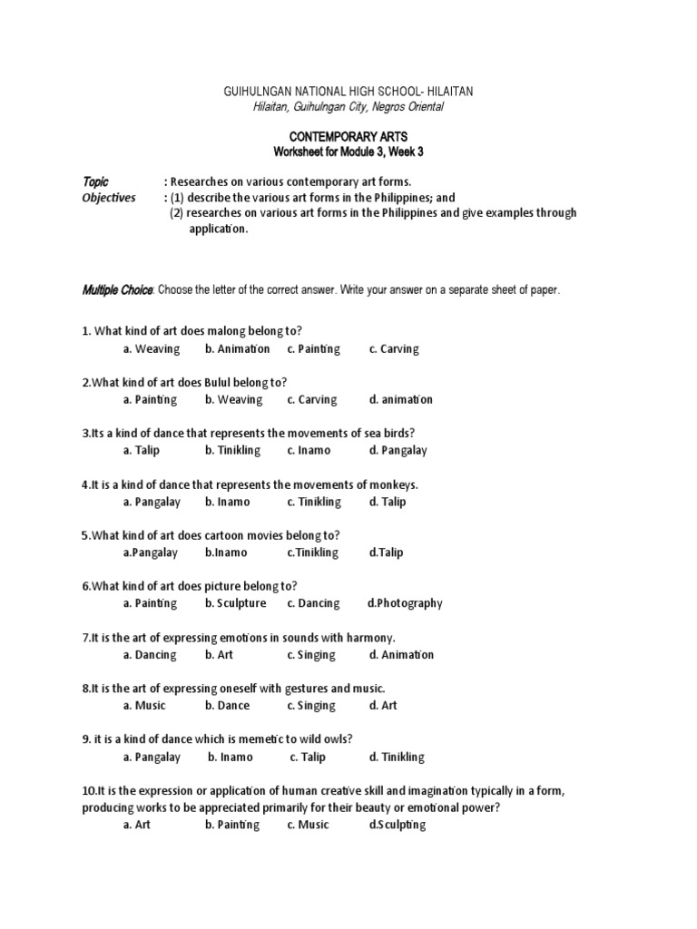 Worksheet Contemporary Art WEEK 3 | PDF