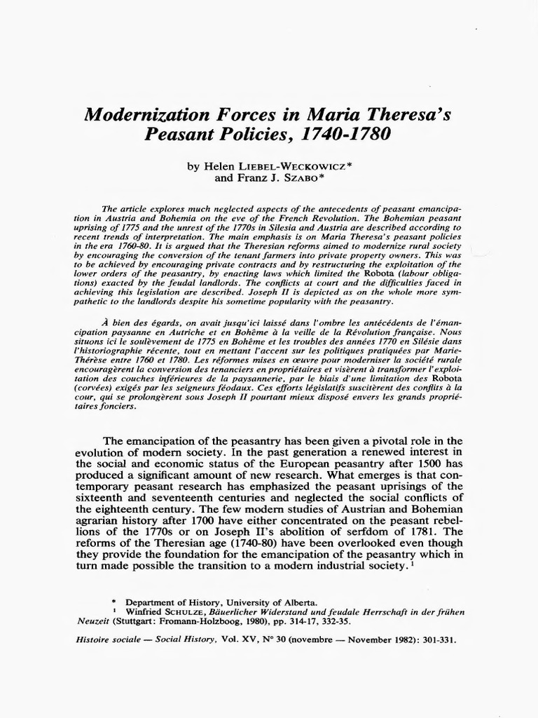 Modernization Forces in Maria Theresa's Peasant Policies, 1740-1780 ...