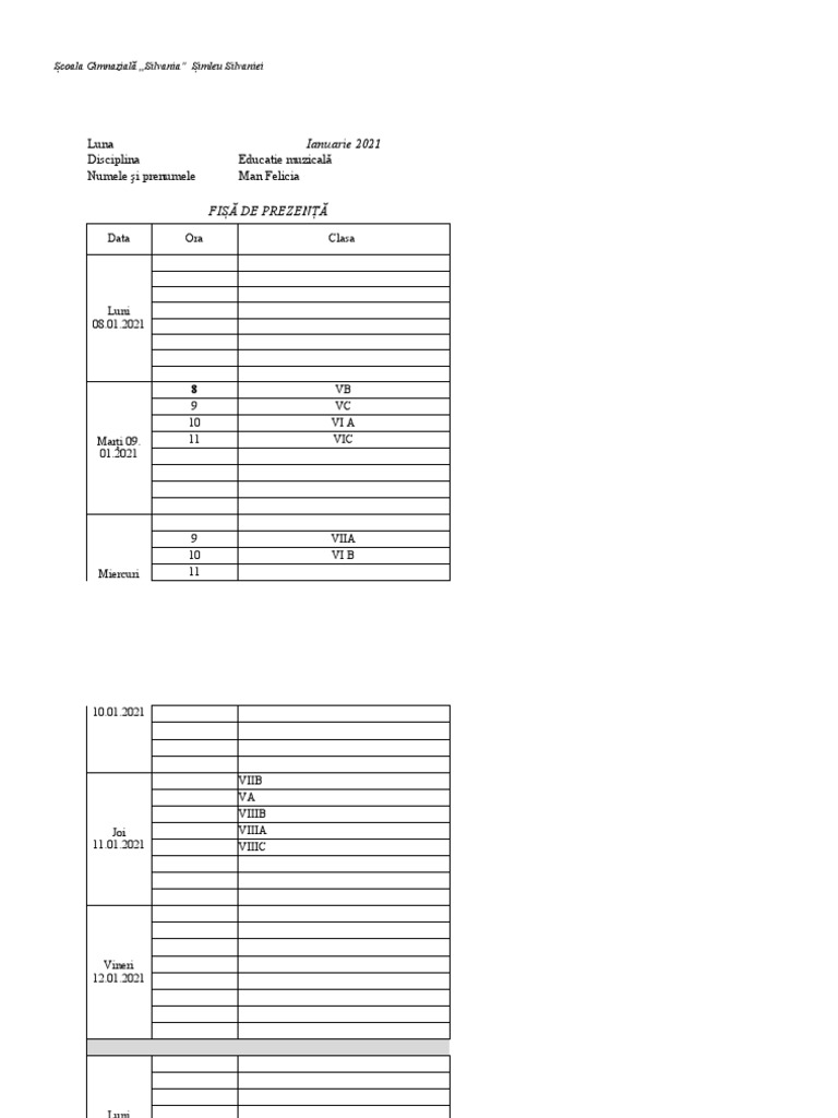 Model Fisa Prezenta Ian 2021-Man F | PDF