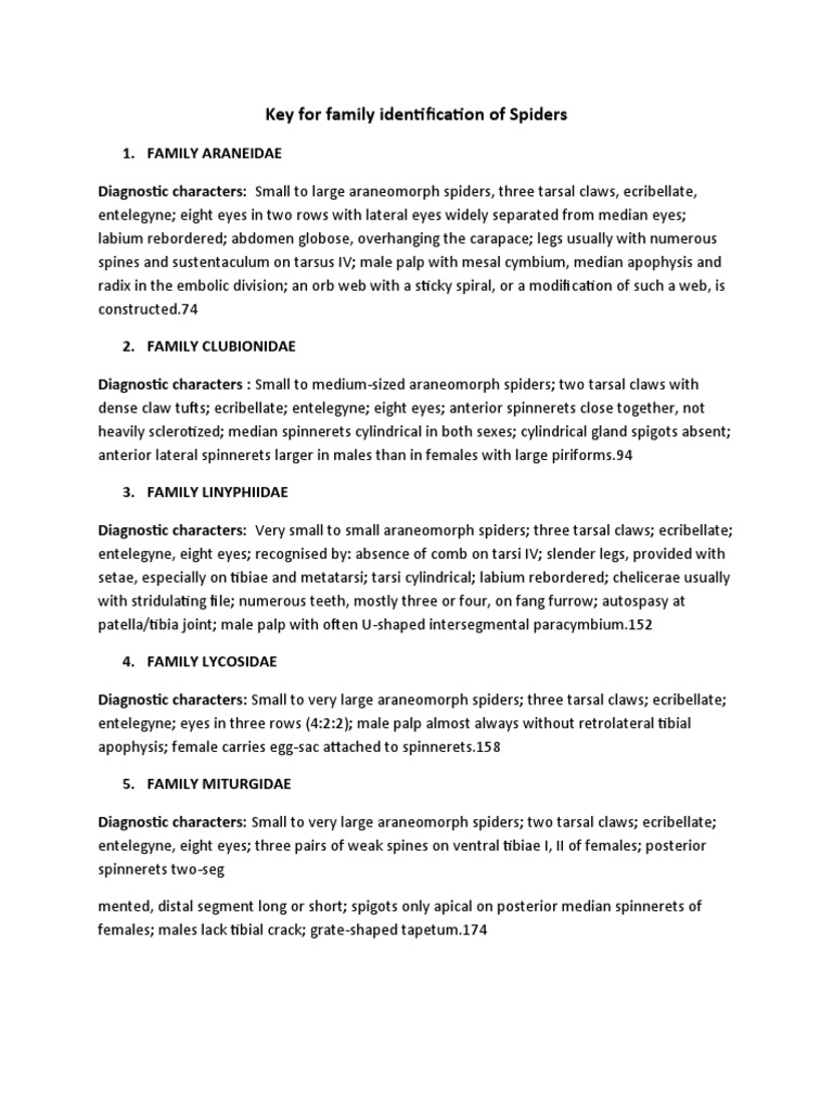 Key For Family Identification of Spiders | PDF | Spider | Zoology