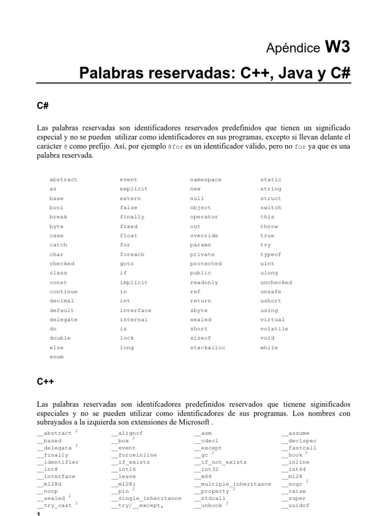 palabras reservadas | C Sharp (Lenguaje de programación) | C++