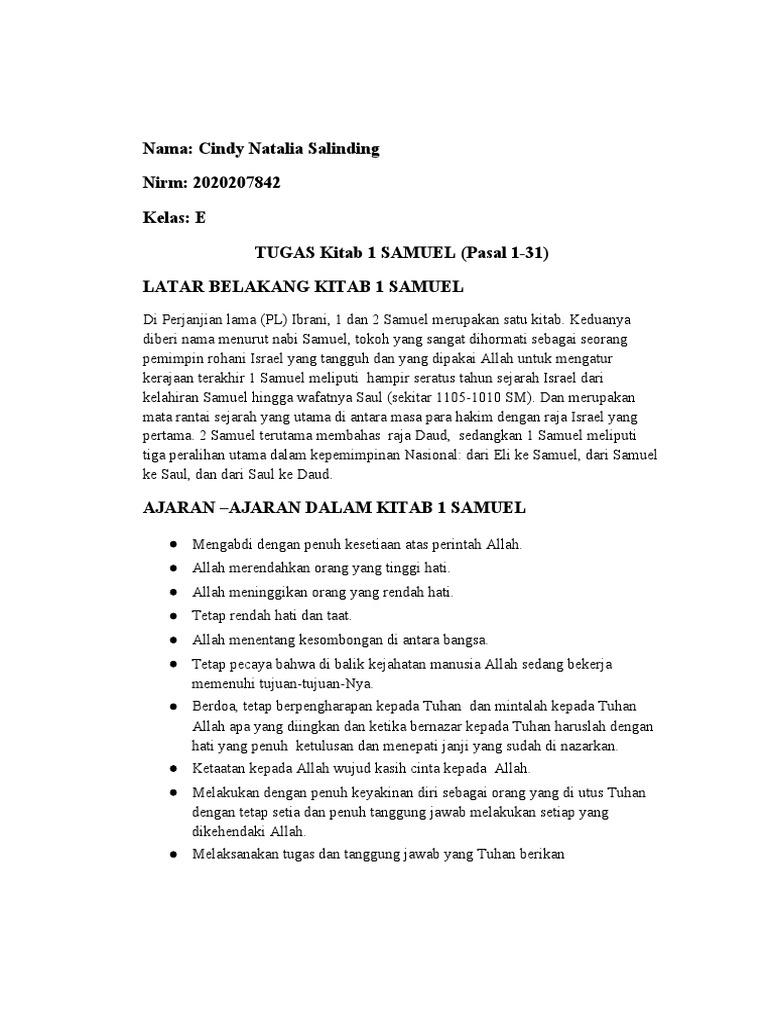 Kitab 1 Samuel Dan 2 Samuel Cindy Natalia S | PDF