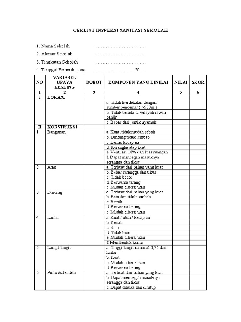 Ceklist Inspeksi Sanitasi Sekolah | PDF