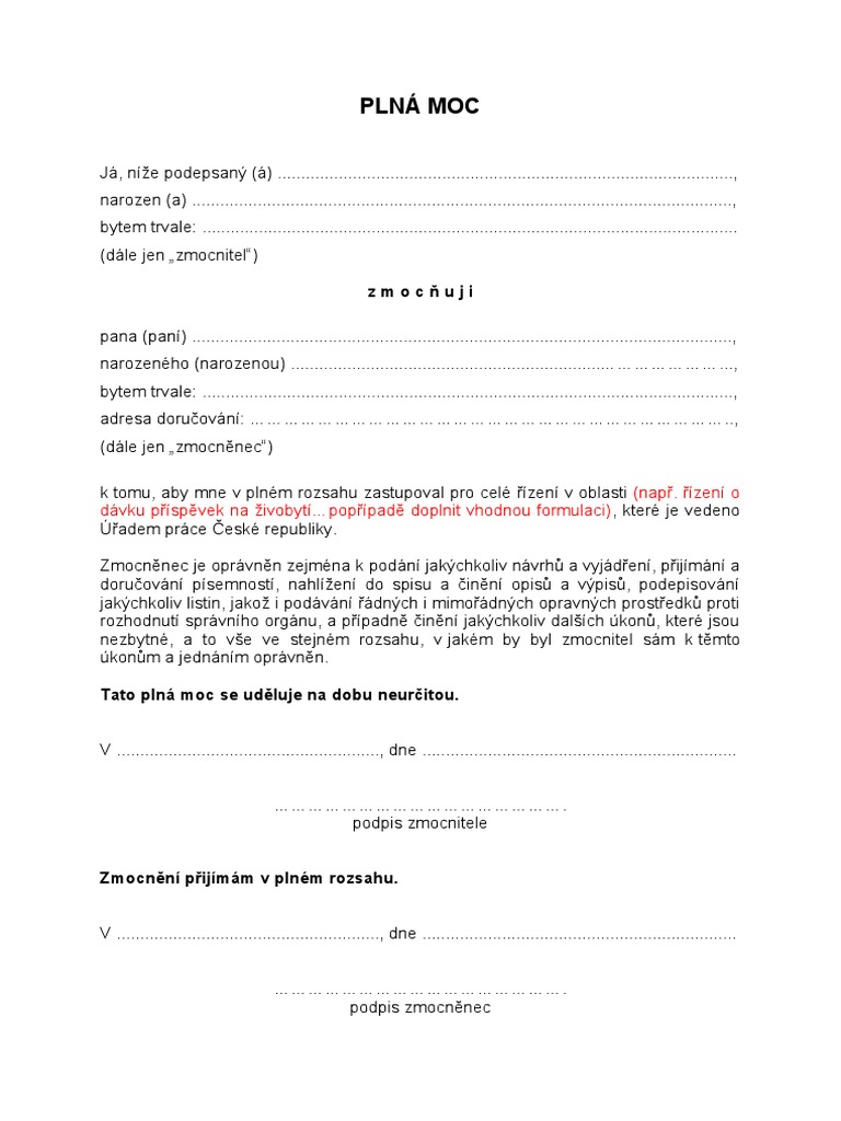 Plná Moc K Zastupování | PDF