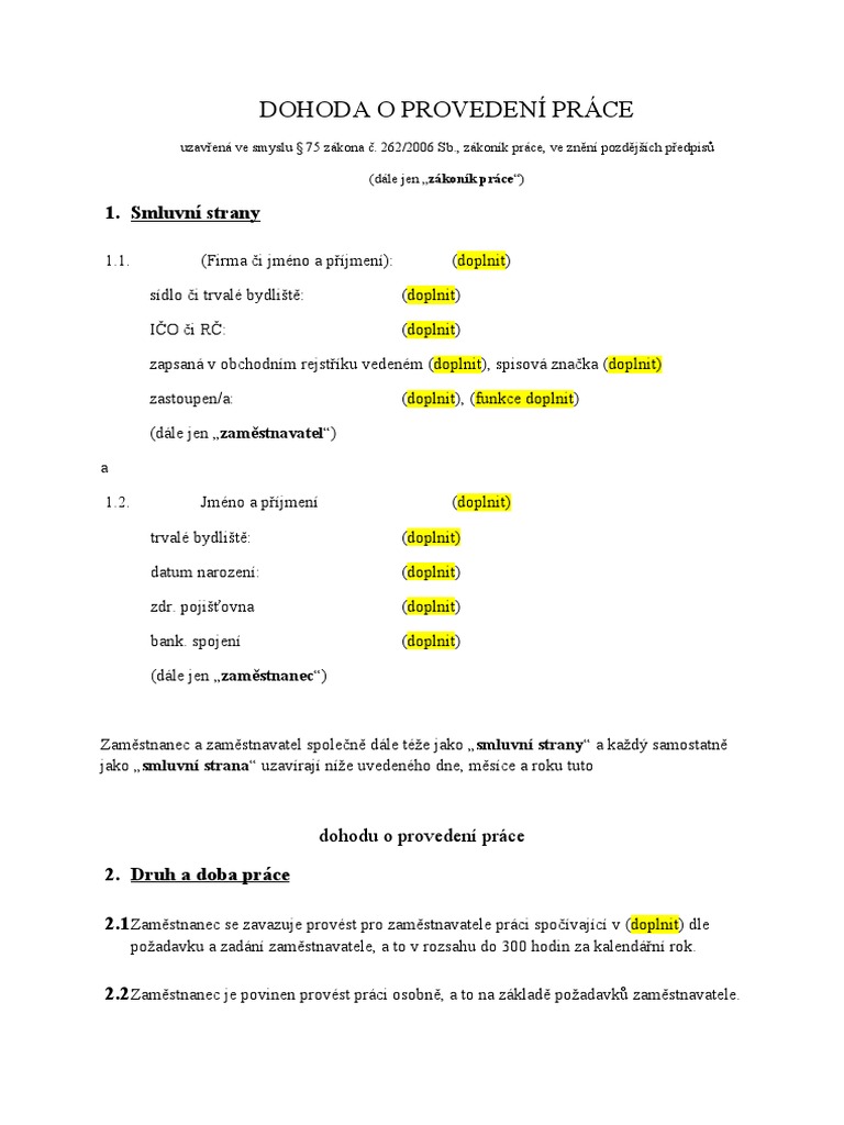 Businessinfo Vzor Dohoda o Provedeni Prace | PDF