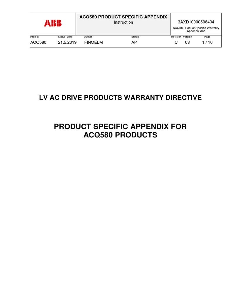 ACQ580 Poduct Specific Warranty Appendix - 3AXD10000506404 - B | PDF | Computer Science | Computing