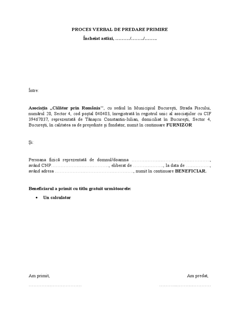 Proces Verbal de Predare-Primire | PDF
