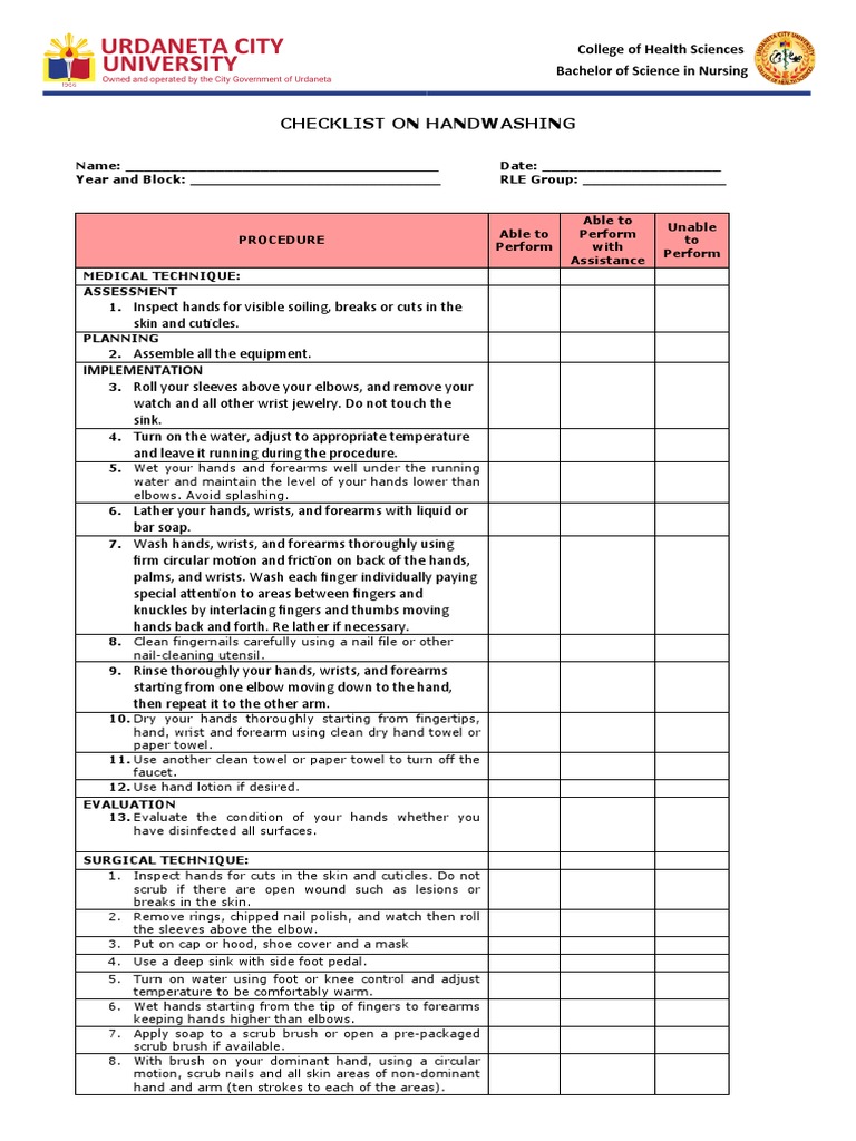 CHECKLIST Medical and Surgical Handwashing | PDF | Hand Washing | Finger