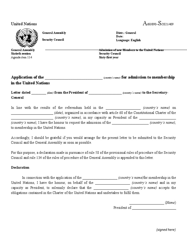 New Country Application Letter To UN Security Council | PDF