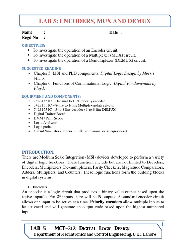 LAB 5: Encoders, MUX AND Demux: Name: Date: Regd-No | PDF | Information And Communications ...