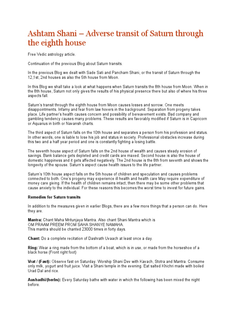 Ashtam Shani - Adverse Transit of Saturn Through The Eighth House | PDF ...