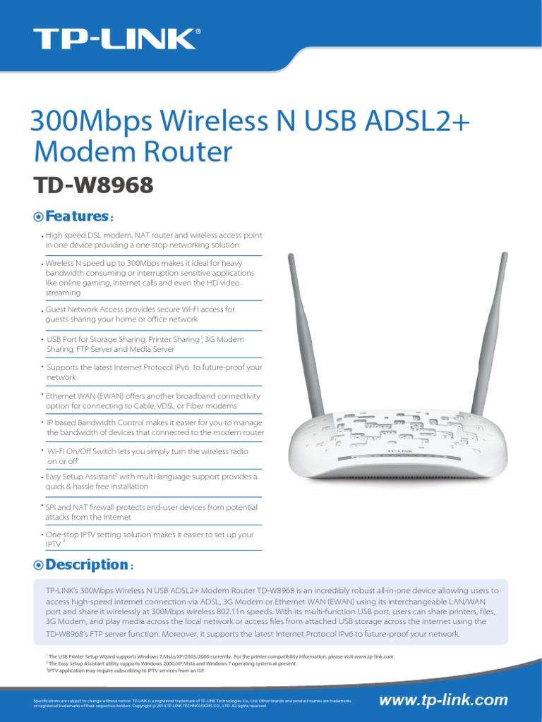 300Mbps Wireless N USB ADSL2+ Modem Router: Features | PDF | I Pv6 ...