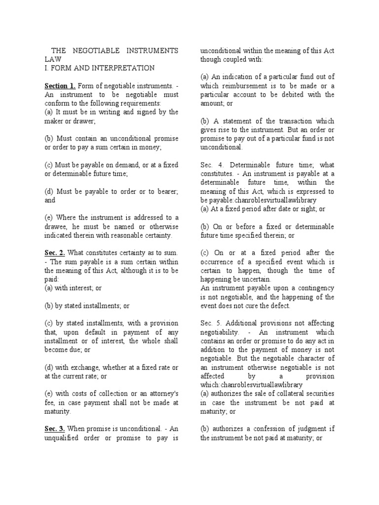 THE NEGOTIABLE INSTRUMENTS LAW - Codal Prov | PDF | Negotiable ...