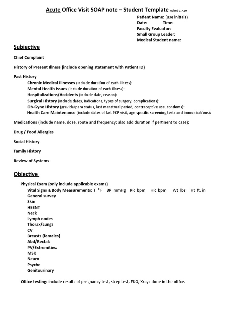 Acute Office Visit SOAP Note TEMPLATE - Winter 2020 1.7.20 | PDF