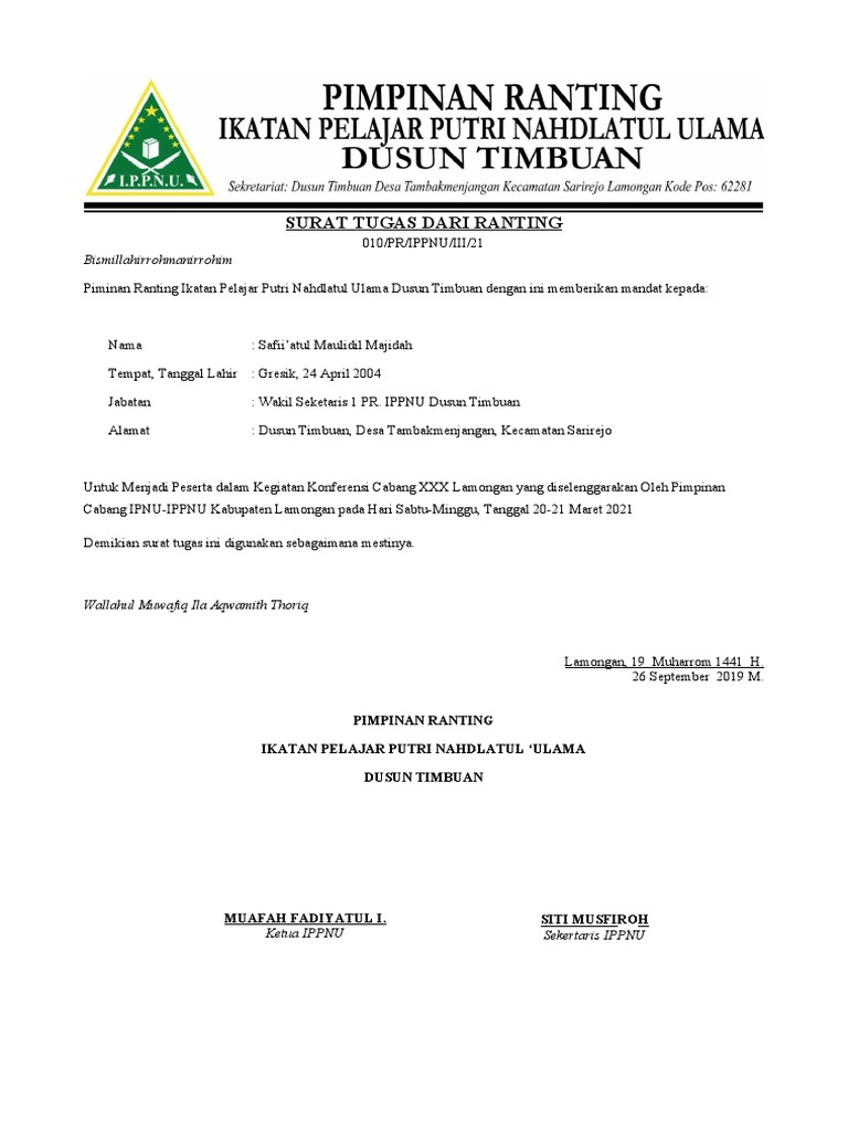 Surat Tugas Dari Ranting Ipnu | PDF