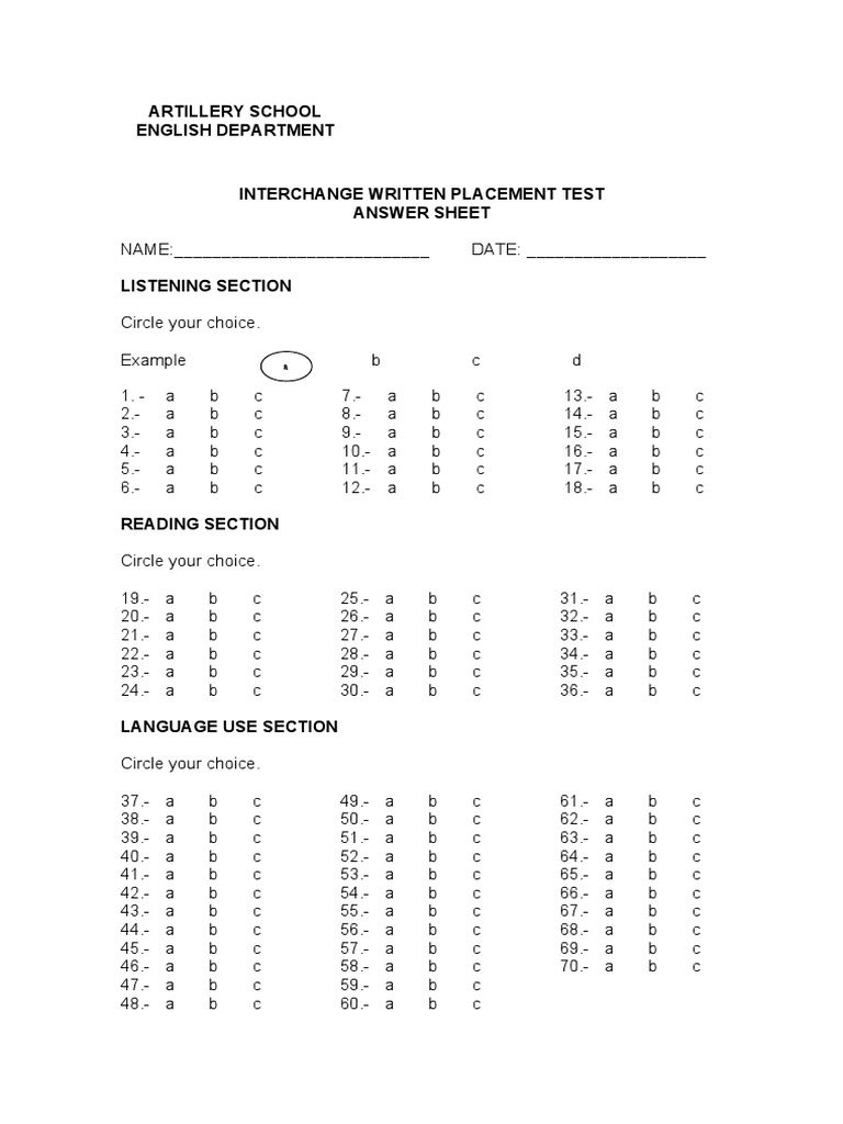 Artillery School English Department Interchange Written Placement Test ...
