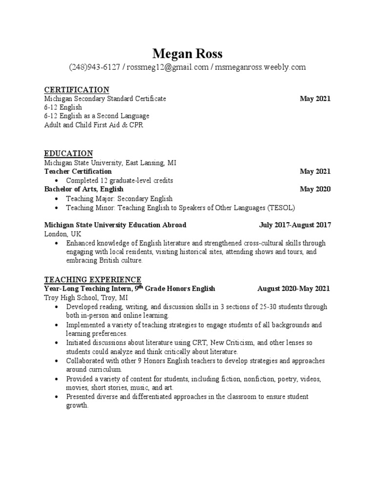 Final Megan Ross Resume 2021 | PDF | English As A Second Or Foreign ...