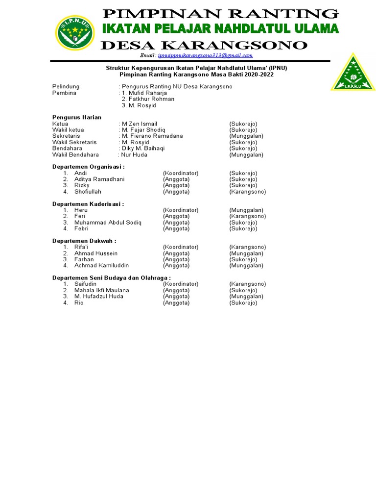 Struktur Pengurus Ipnu Ranting Karangsono 2020-2022 | PDF