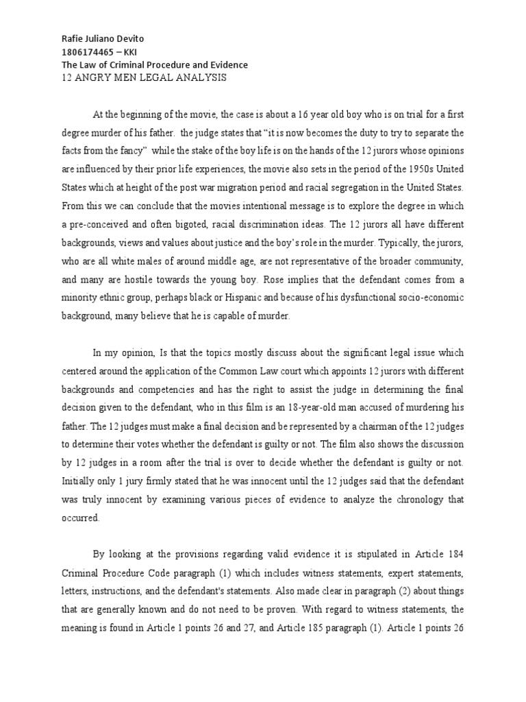Legal Analysis of 12 Angry Men | PDF | Witness | Evidence