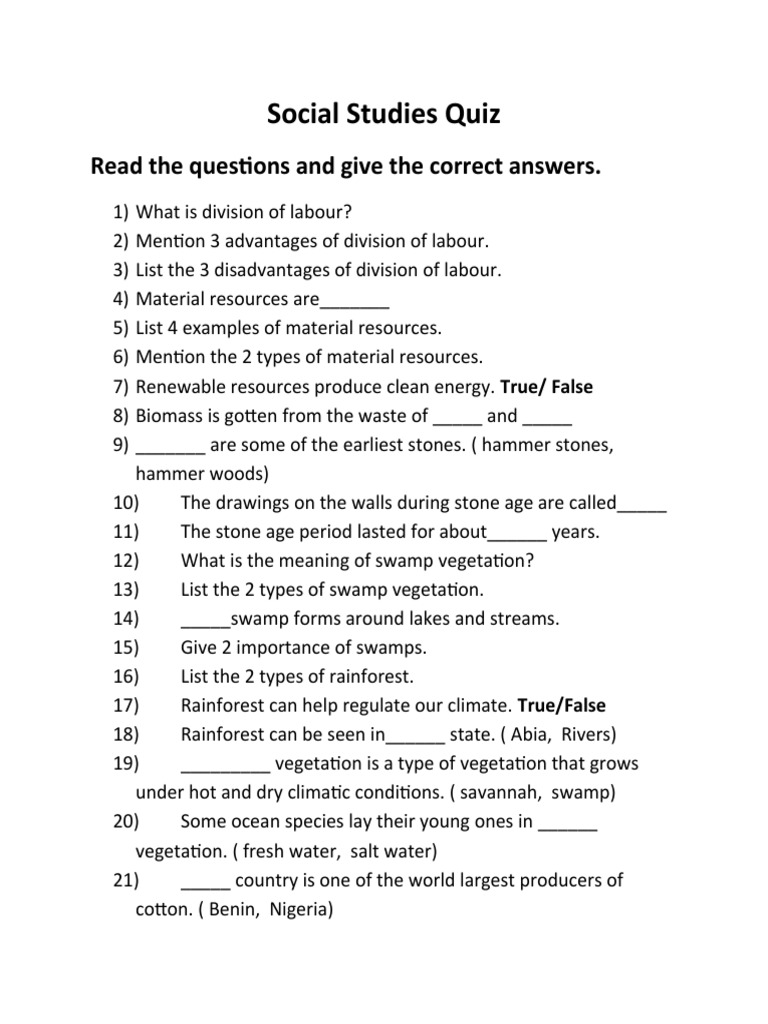 Social Studies Quiz Questions and Answers | PDF | Science & Mathematics