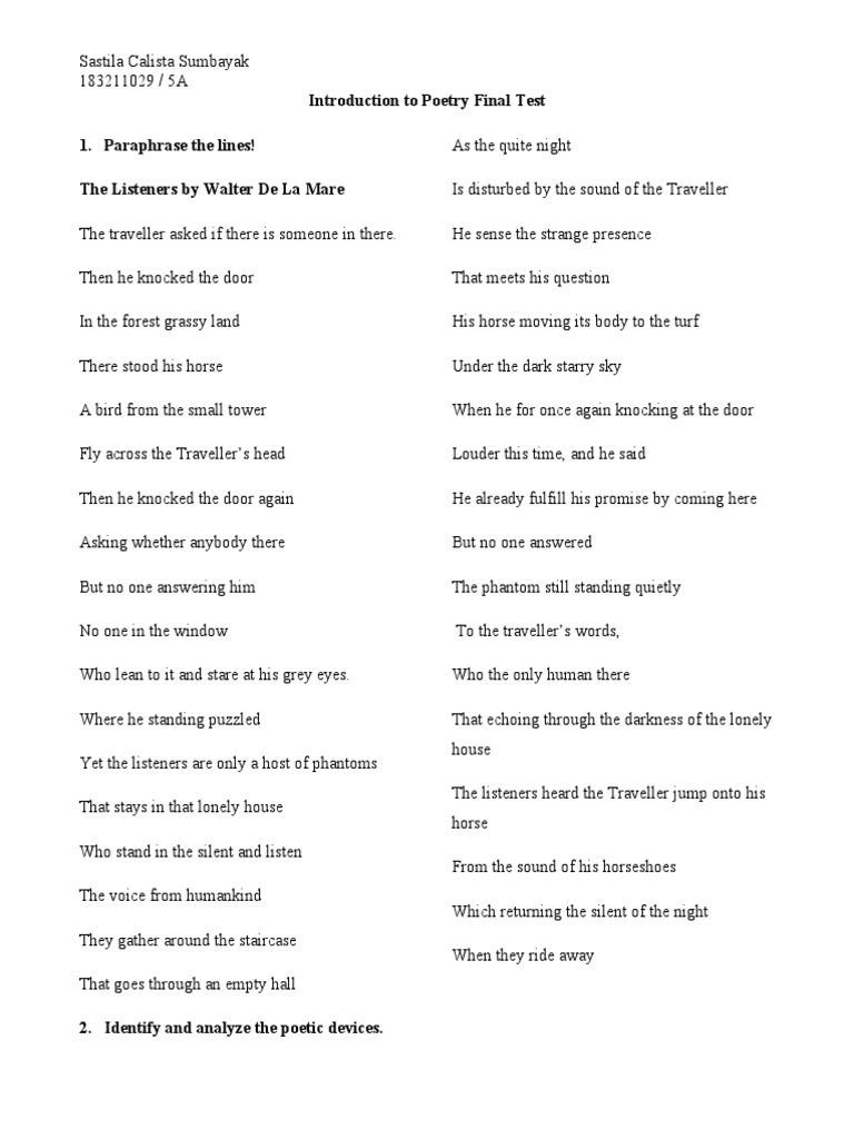 Analyzing Poetic Devices in "The Listeners" | PDF | Poetry
