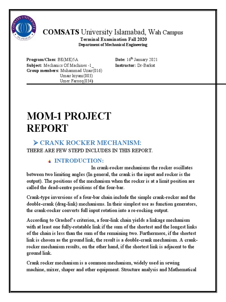 Crank-Rocker Mechanism Design Report | PDF | Kinematics | Force