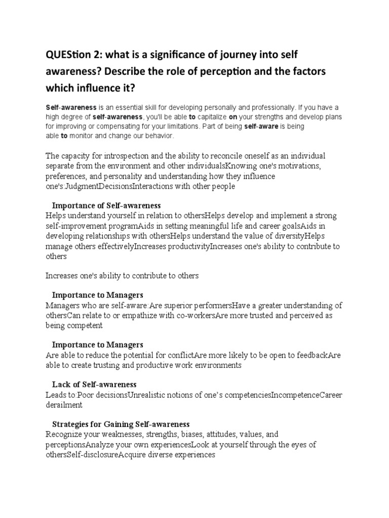 QUESTION 3 Significance of Awarness | PDF | Self Awareness | Perception