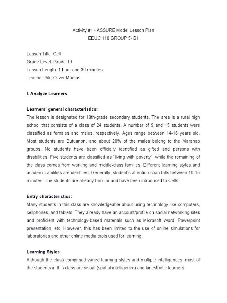 Activity #1 - ASSURE Model Lesson Plan Educ 110 Group 5-B1: I. Analyze ...