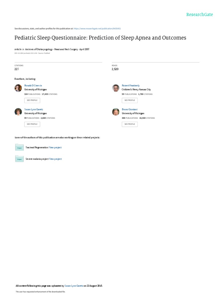 Pediatric Sleep Questionnaire: Prediction of Sleep Apnea and Outcomes ...