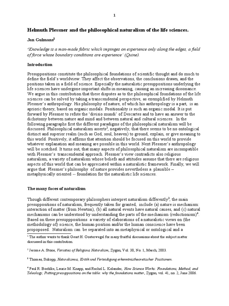 Helmuth Plessner and The Presuppositions of Philosophical Naturalism ...