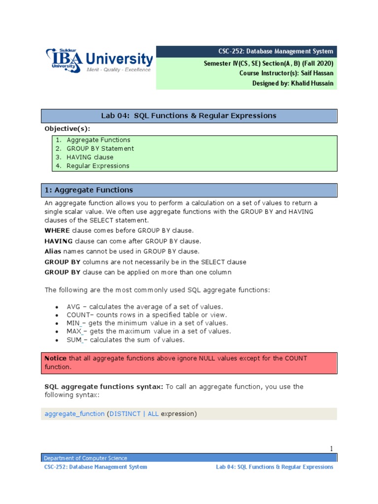 Lab 04: SQL Functions & Regular Expressions: CSC-252: Database Management System | PDF ...