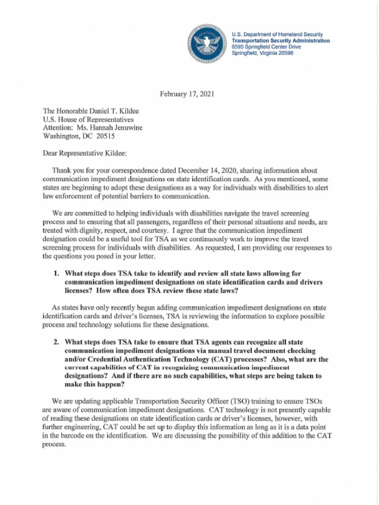 TSA Response Letter 2-17-21, TSA Accomodations For Individuals With Disabilities | PDF