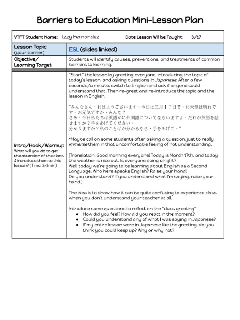 Barriers To Education Mini-Lesson Plan: ESL (Slides Linked) | PDF ...