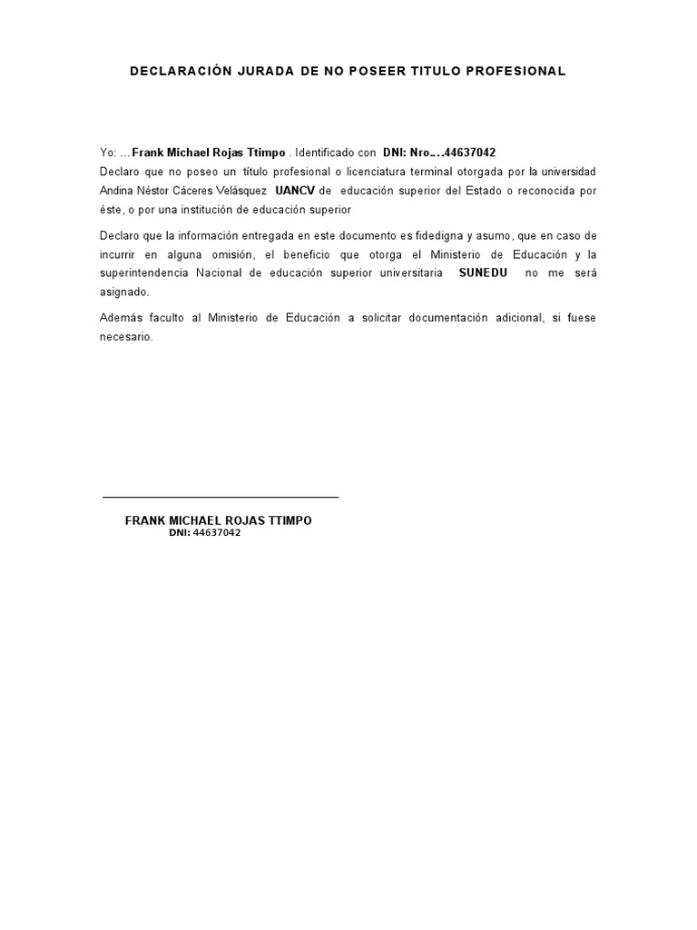 Declaracion Jurada de No Contar Con Titulo Profesional - Docx 2020 | PDF