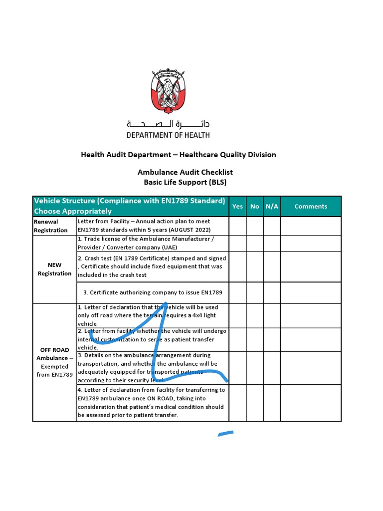 Ambulance Audit Checklist for Basic Life Support (BLS) Services | PDF ...