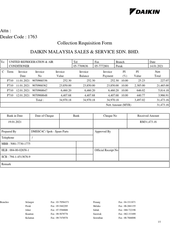 Attn: Dealer Code: 1763 Collection Requisition Form Daikin Malaysia ...
