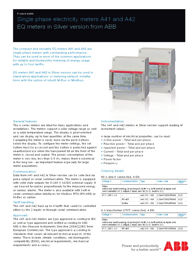 EQ Meters in Silver Version From ABB: Single Phase Electricity Meters A41 and A42 | PDF | Hertz ...