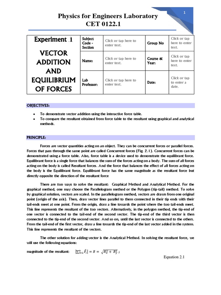 Experiment 2 Vector Addition AND Equilibrium of Forces: Physics For Engineers Laboratory CET ...