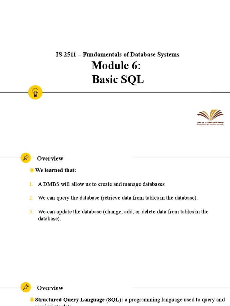 Basic SQL: IS 2511 - Fundamentals of Database Systems | PDF | Sql | Databases